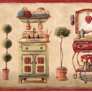 Vintage Vanities With Topiary Wallpaper Border,old Fashion Vanity ...