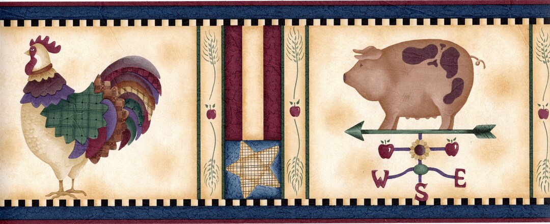 Farmhouse Country Rooster Wallpaper Border, Animals Farm Rooster ...