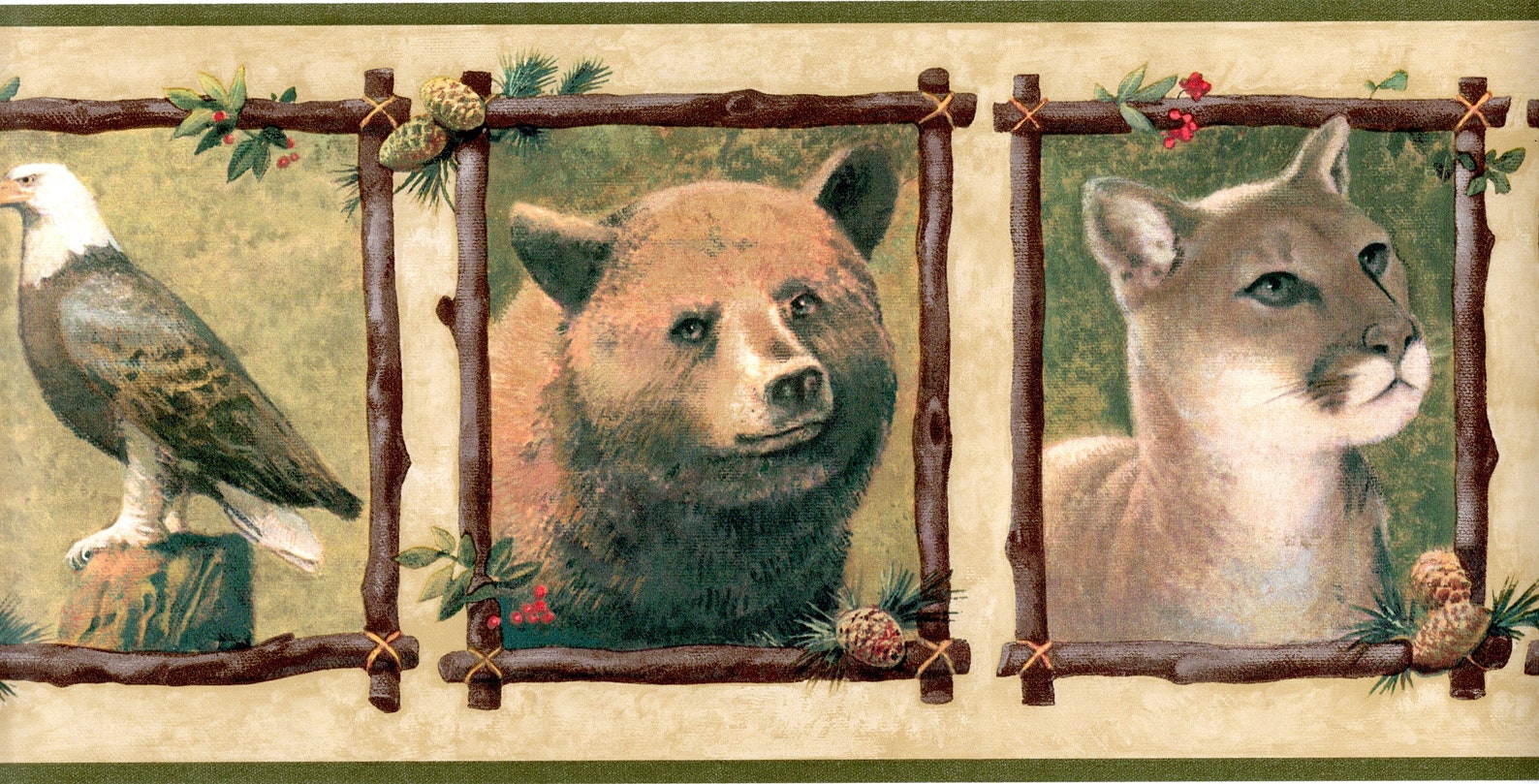 Country Wild Animals Wallpaper Border, Rustic Wooden Frame of Wild Bear ...