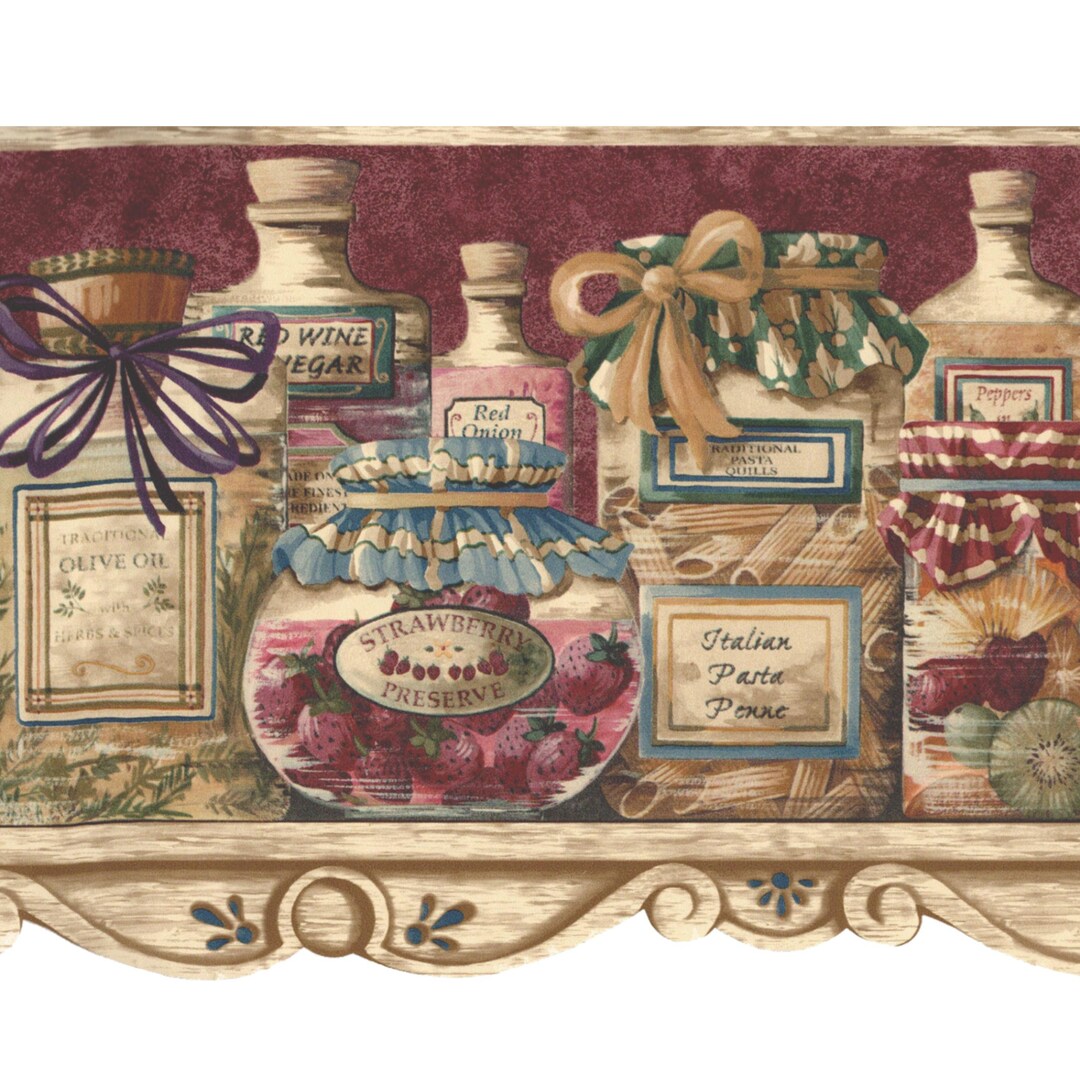 Kitchen Wallpaper Border, Vintage Food Jars and Spices on Rustic Brown ...