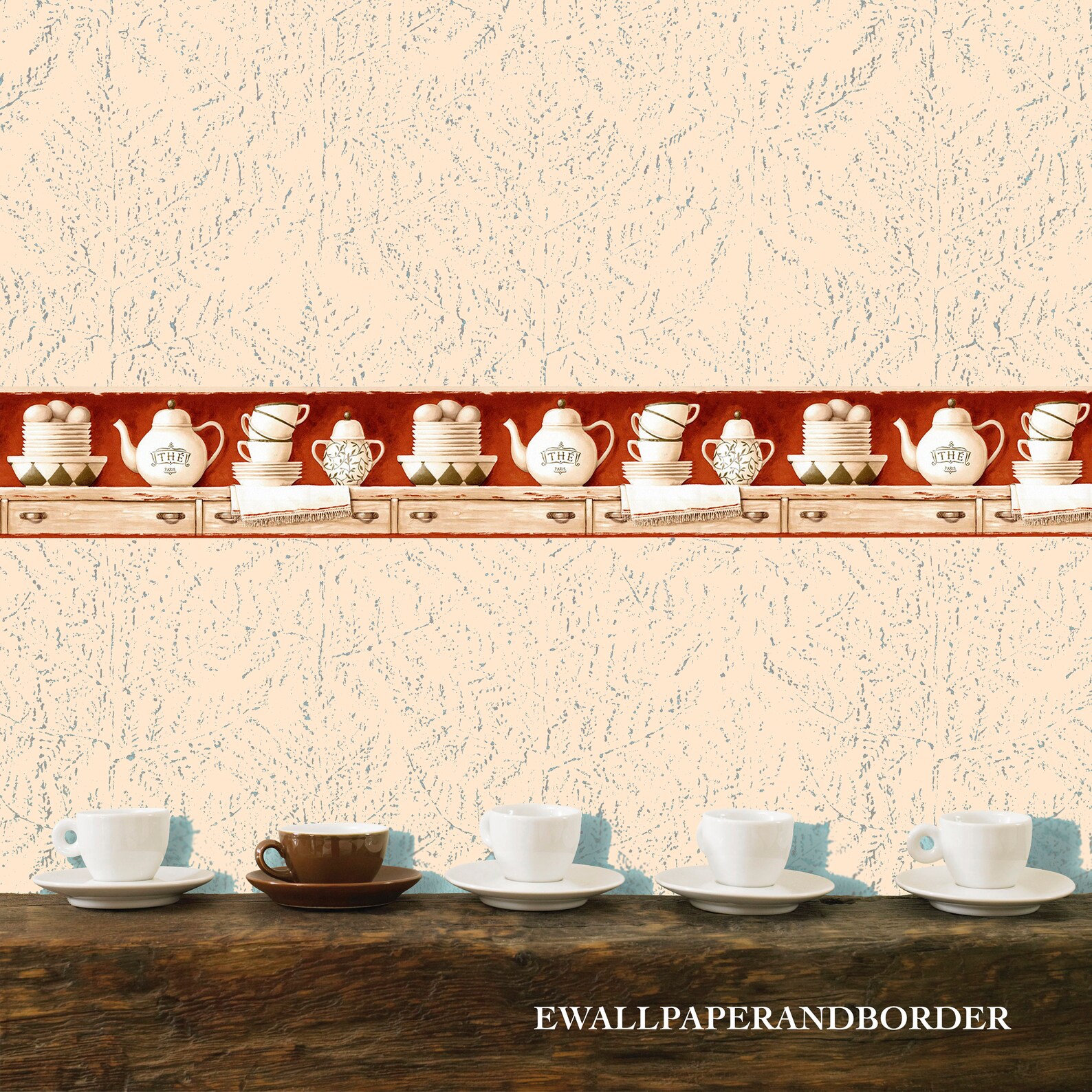 Country Kitchen Wallpaper Border, Cups Saucer Teapot Eggs Bowl on Brown ...