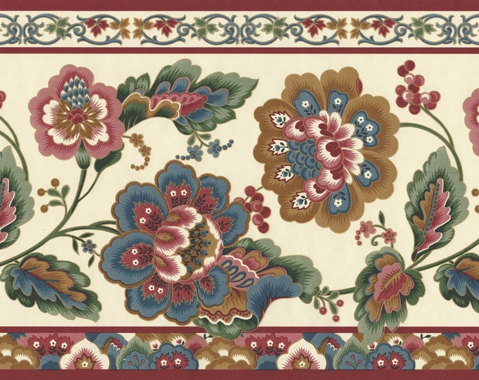 Jacobean Floral Trail With Gold Line Around Flowers and Architectural ...