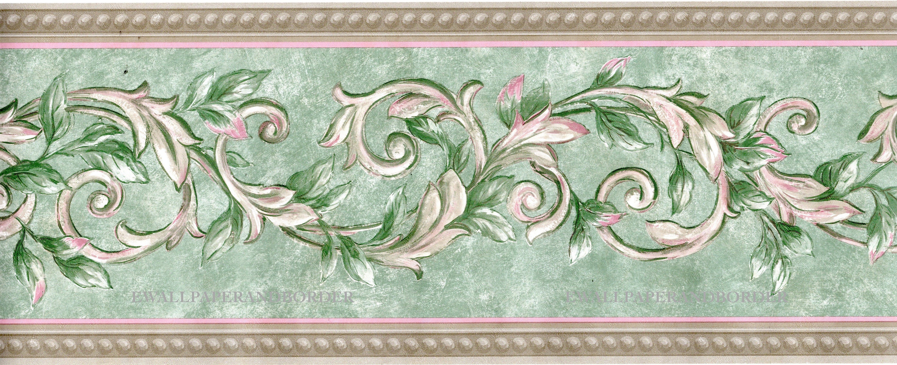 Acanthus Leaf Scroll Wallpaper Border Green Vines Swirl Leaf With Pink ...