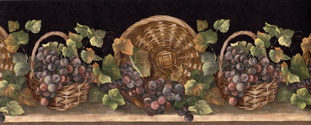 Rustic Farmhouse Kitchen Wall Border , Rustic Grape Vines in Basket on ...