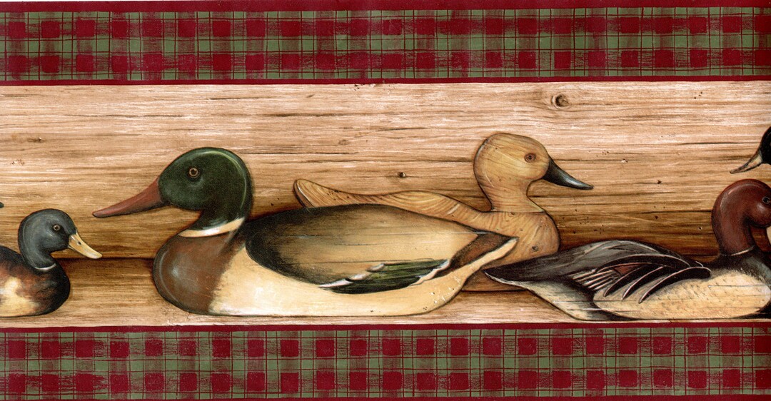 Country Cabin Wallpaper Border, Rustic Wooden Duck With Red Plaid and ...