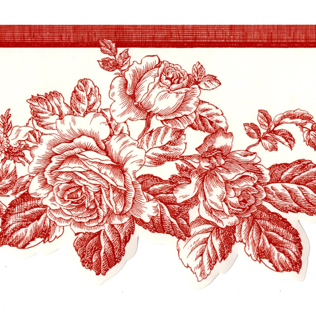 Vintage Red Rose Wallpaper Border Scalloped Floral Design Flower Wall ...