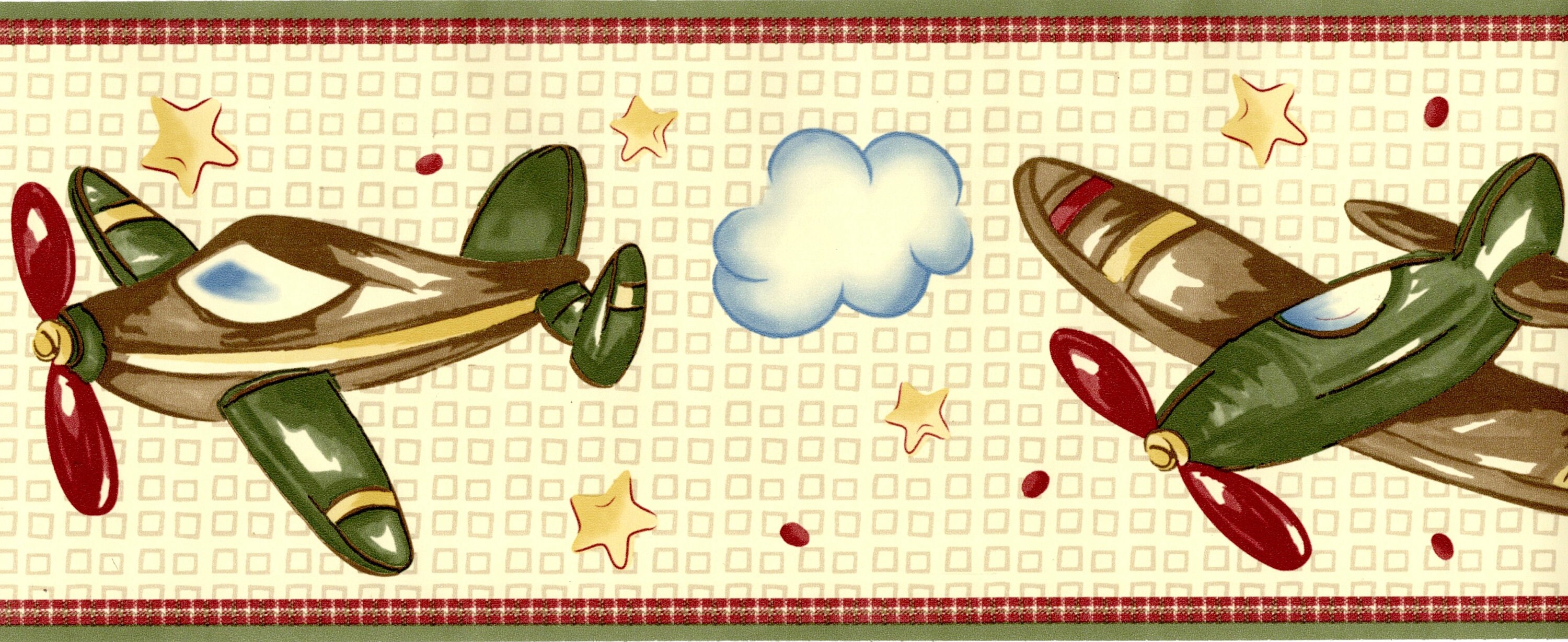 Vintage Airplane Wallpaper Border, Green Brown Blue Cloud Star Vintage ...