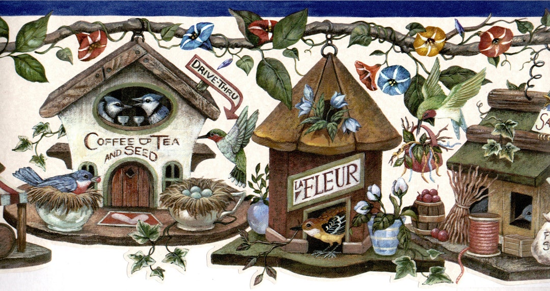Country Birdhouses Wallpaper Border, Rustic Charm Fairy Tale Country ...