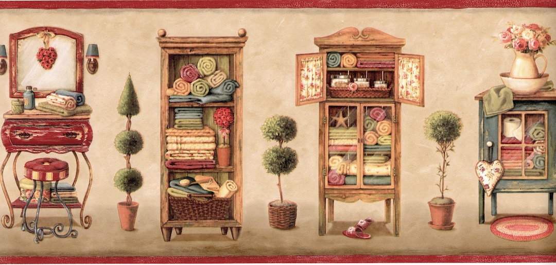 Vintage Vanities With Topiary Wallpaper Border,old Fashion Vanity ...