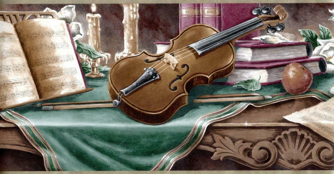 Victorian Vintage Violin Musical Music Book on Candles Brown Table Wall ...