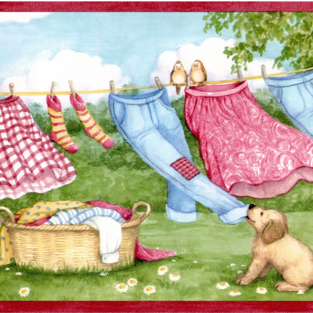 Windy Clothesline Puppy Country Laundry Wallpaper Border - Blue, Green ...