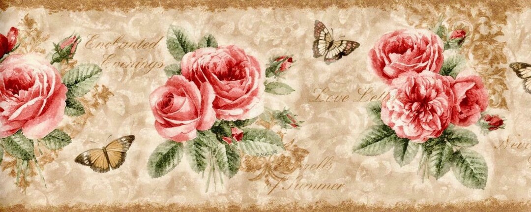 Pink Rose Wallpaper Border, Romantic Pink Bouquet of Cabbage Roses ...