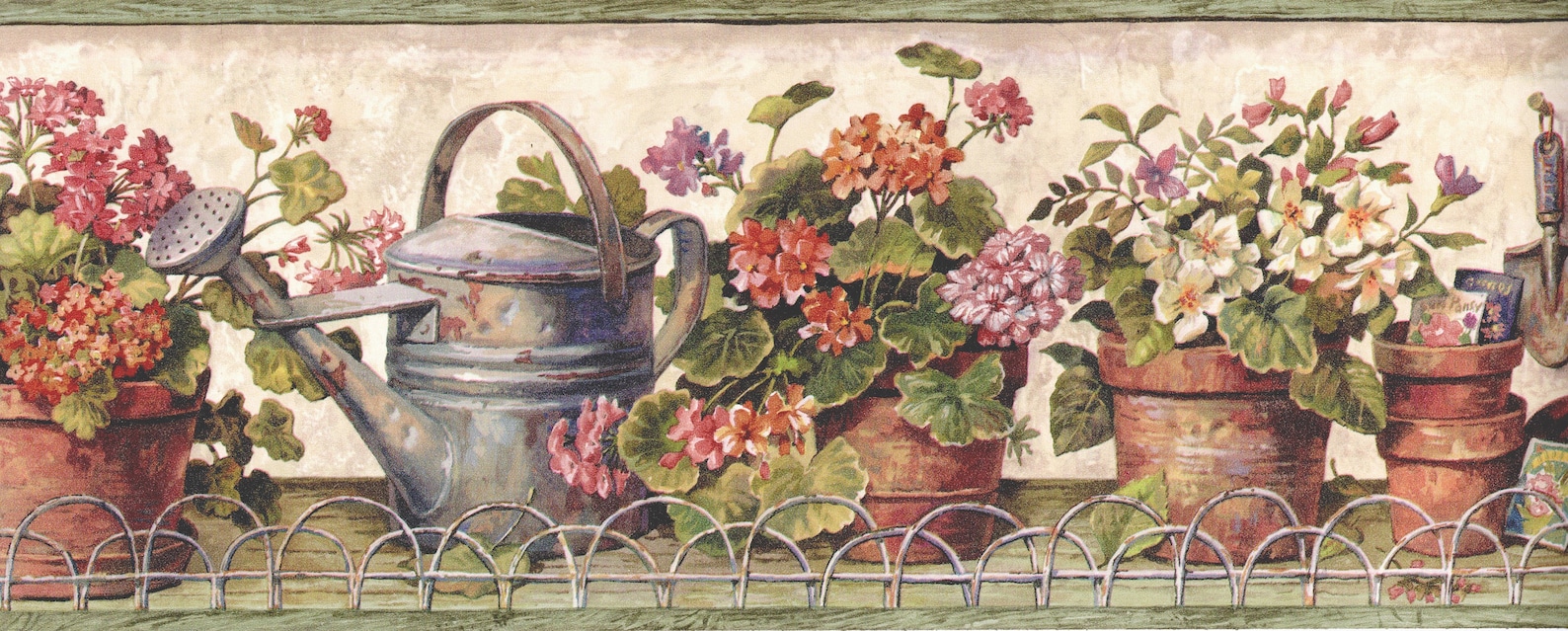 Flower Pot Garden Wallpaper Border, Flower Pots Watering Can Fence ...