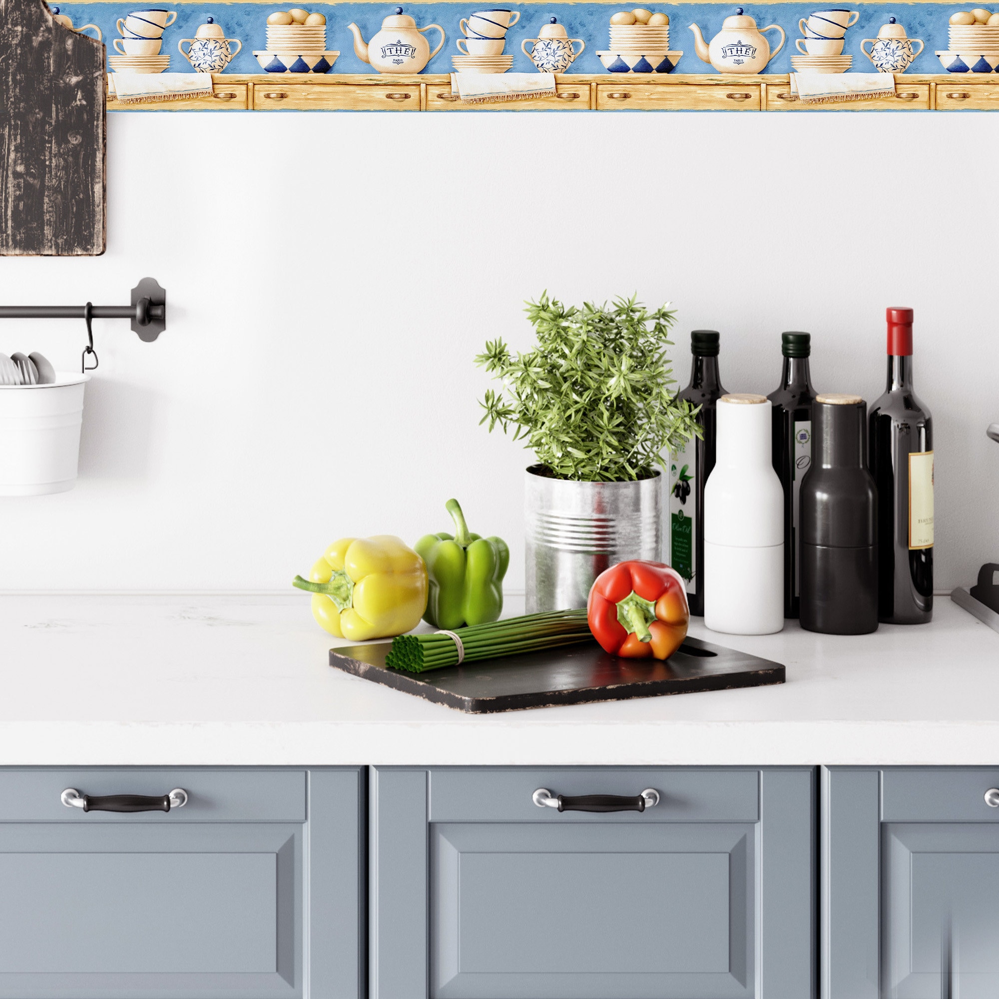 Blue French Country Kitchen Wallpaper Border 6.87 Inch – Teapot & Dish ...