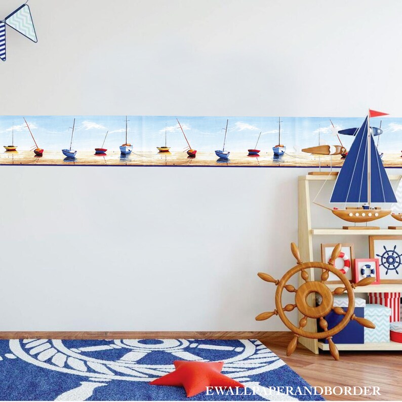 Nautical Living Wallpaper Border Sailboat Beach Sandy Ocean | Etsy