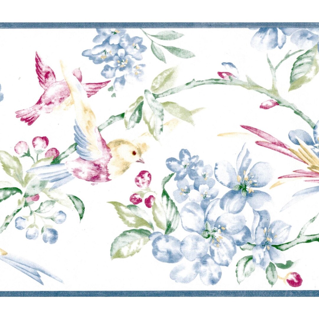 Watercolor Floral Bird Wallpaper Border, Blue Cherry Blossom and ...