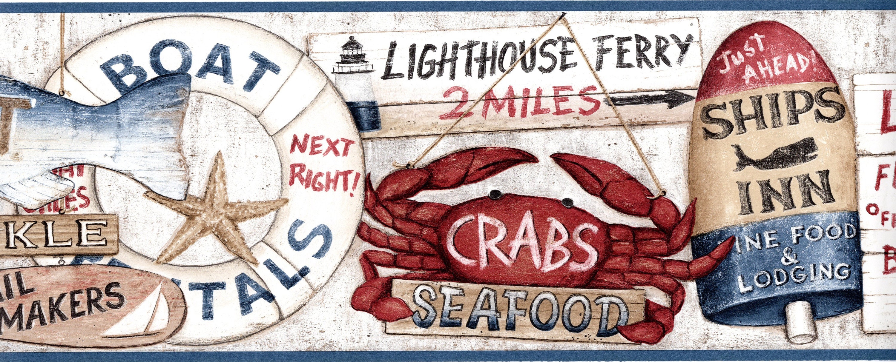 Red and Blue Nautical Seafood Wallpaper Border, Prepasted (15' X 6.8 ...