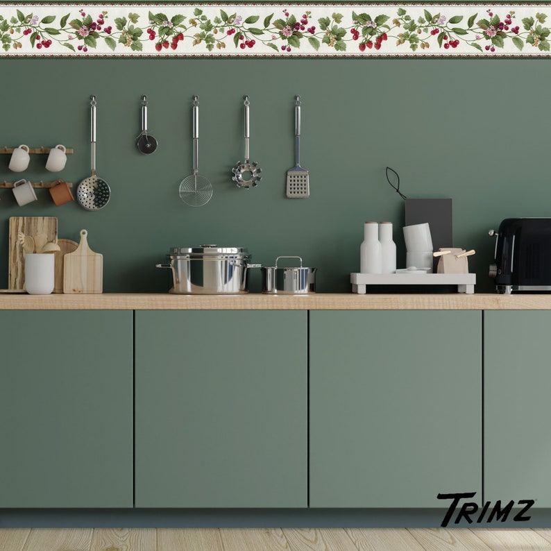 Fruit & Floral Wallpaper Border - Berries, Green Leaf Vine With Red ...
