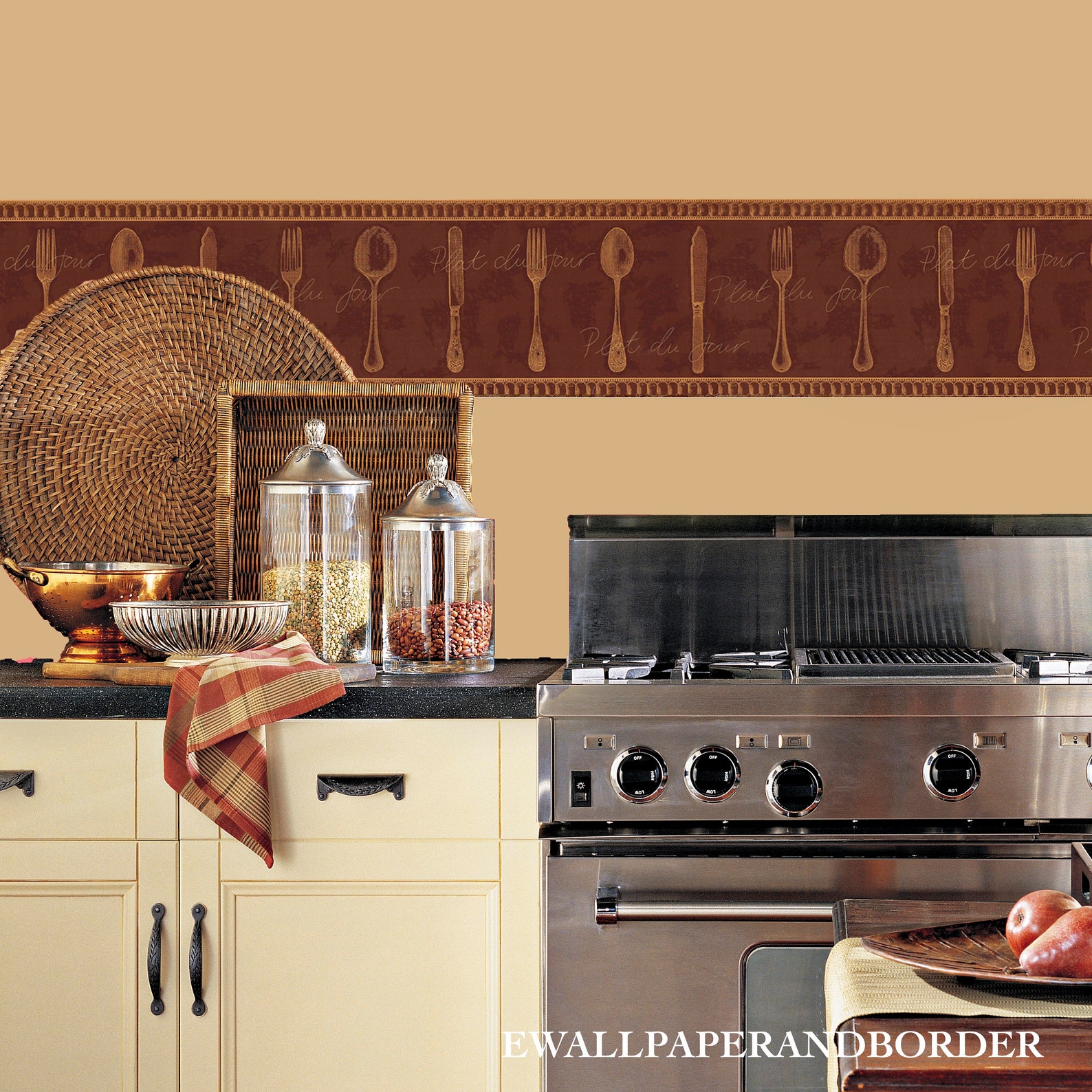 Kitchen Wallpaper Border, Katzenbach & Warren Gold Outline of Cutlery ...