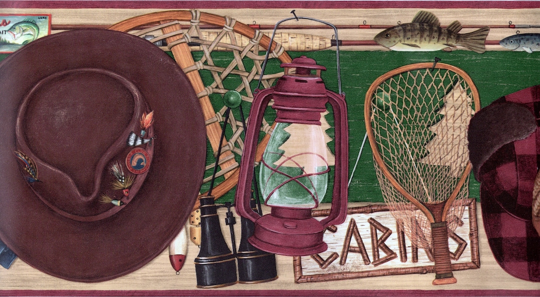 Rustic Fishing Cabin Lodge Wallpaper Border - Country Cabin Sign Wall ...