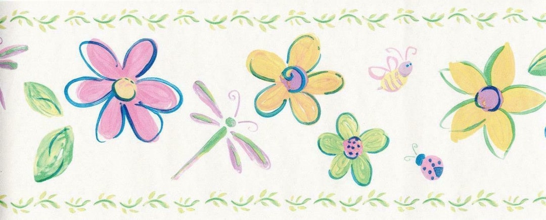 Mid Century Sweet Floral Wallpaper Border, Ladybug Dragonfly Pink ...