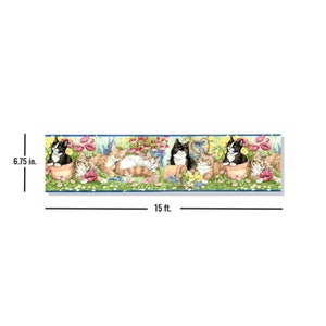Playful Kitten and Cat Wallpaper Border in Flower Garden - Blue, Green ...