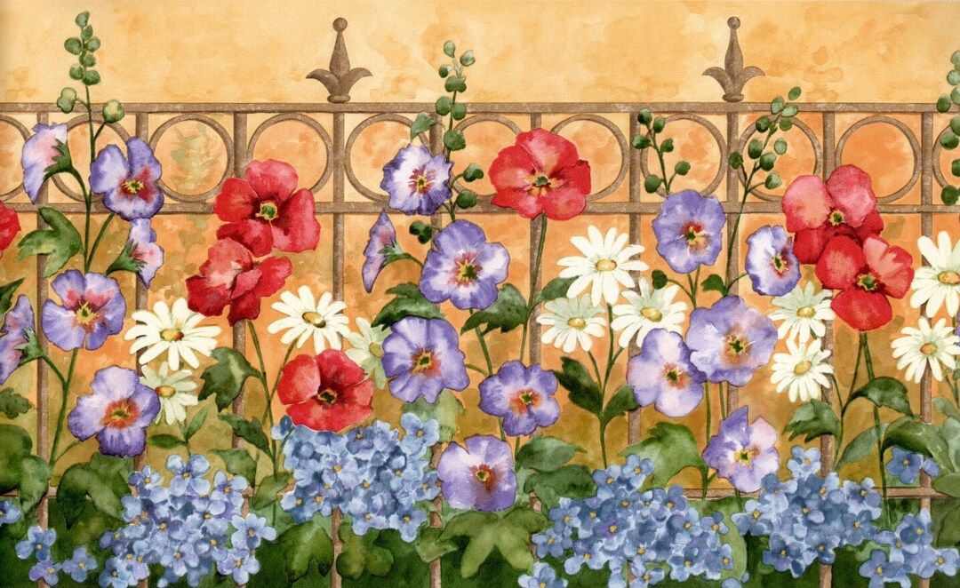 Cottage Garden Wallpaper Border, Botanical Floral Design With Red ...