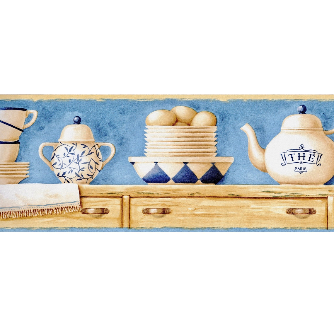 Blue French Country Kitchen Wallpaper Border 6.87 Inch – Teapot & Dish ...