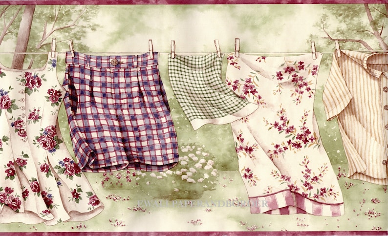 Windy Clothesline Country Laundry Wallpaper Border Green - Etsy