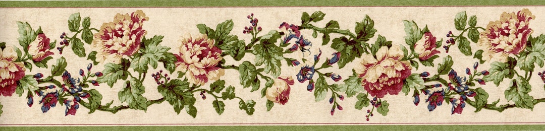 Vintage Floral Wallpaper Border, Mulberry Prints Wall Border, Cabbage ...
