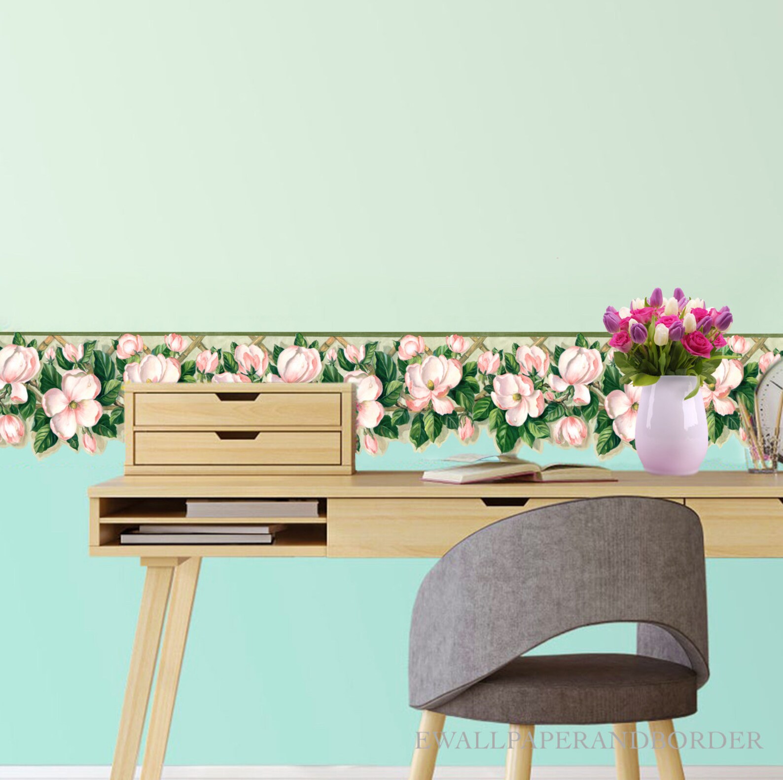 Magnolias Wallpaper Border Waverly Scalloped Pink Flower on - Etsy
