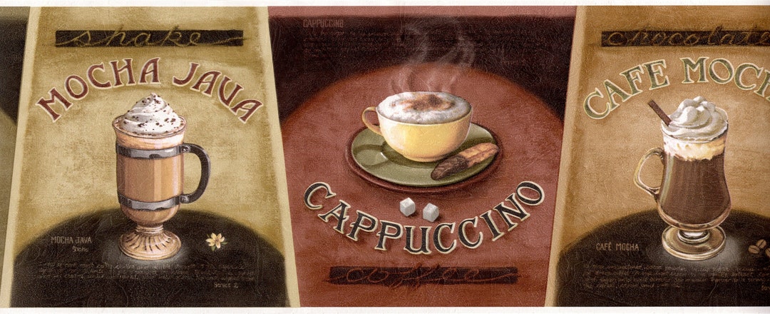 Café Coffee Time Wallpaper Border, Kitchen Wall Décor, Brown, White ...
