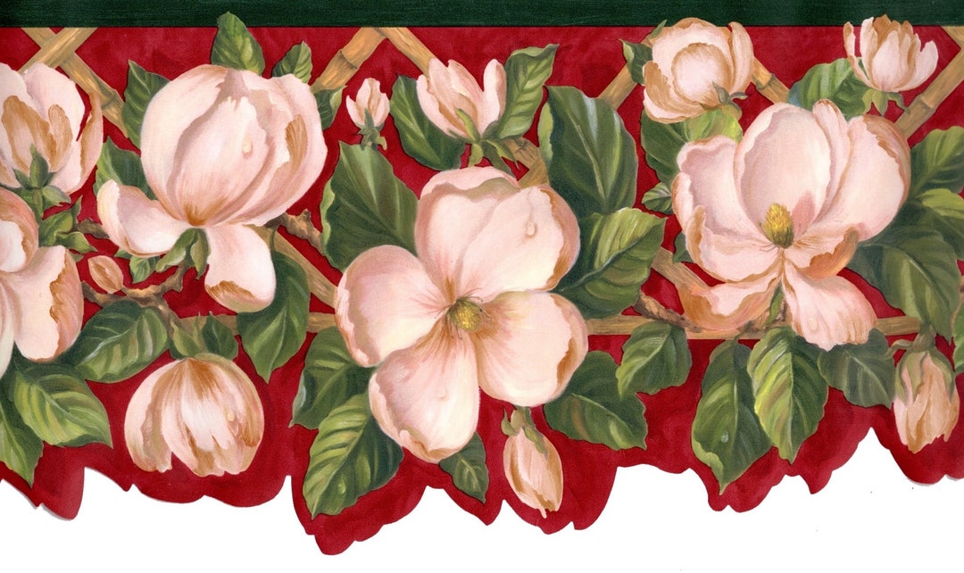 Scalloped Pink Magnolia Flower Wallpaper Border, Floral Botanical ...