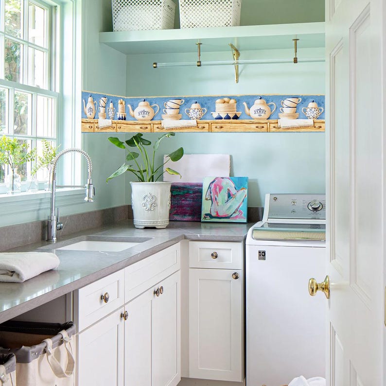 Blue French Country Kitchen Wallpaper Border 6.87 Inch – Teapot & Dish ...