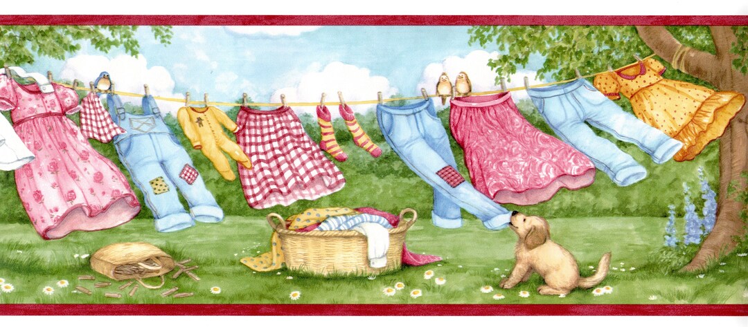 Windy Clothesline Puppy Country Laundry Wallpaper Border - Etsy