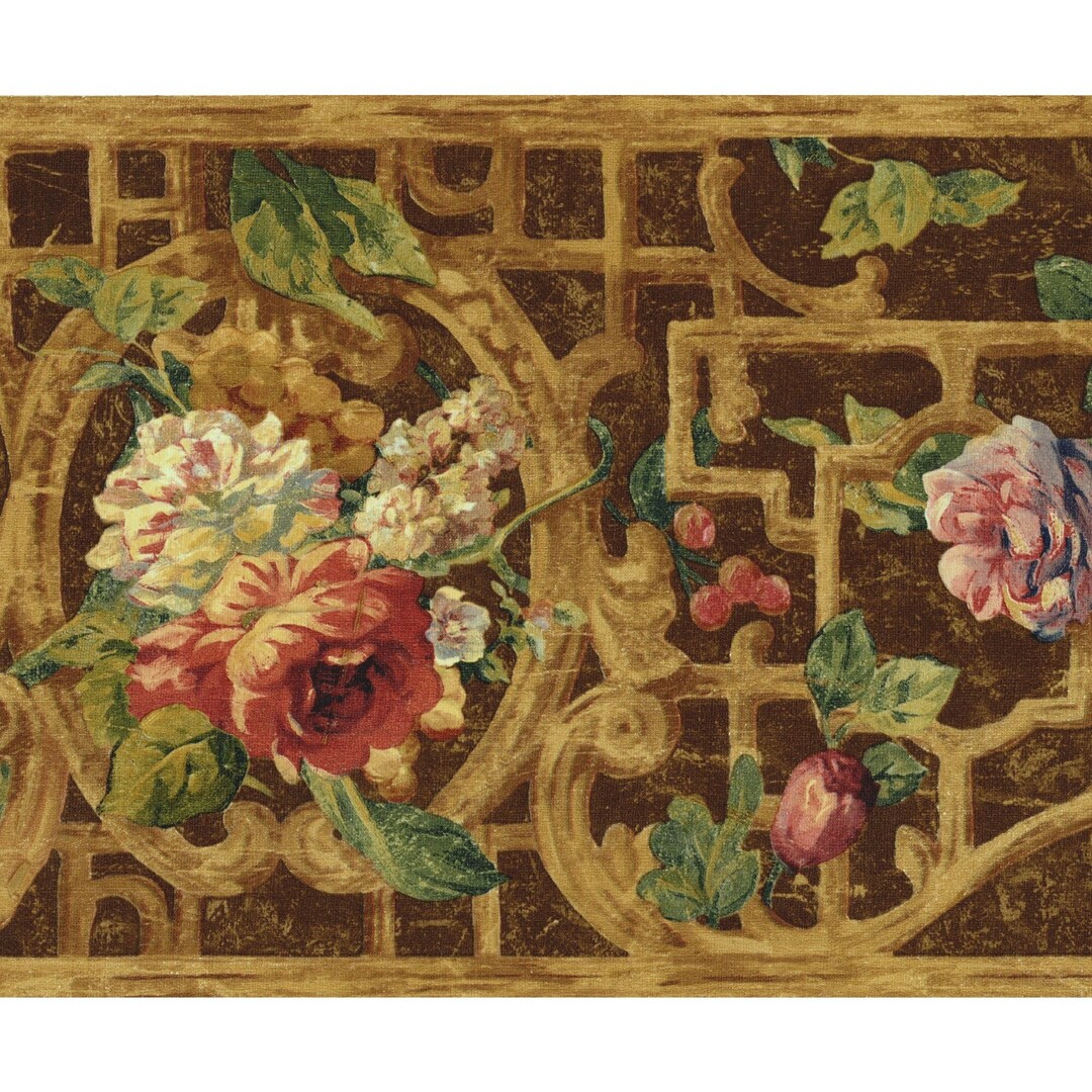 Vintage Floral Wallpaper Border - Cabbage Red Rose With White & Purple ...