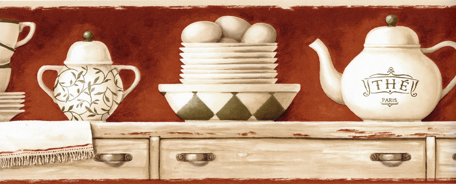 Country Kitchen Wallpaper Border, Cups Saucer Teapot Eggs Bowl on Brown ...