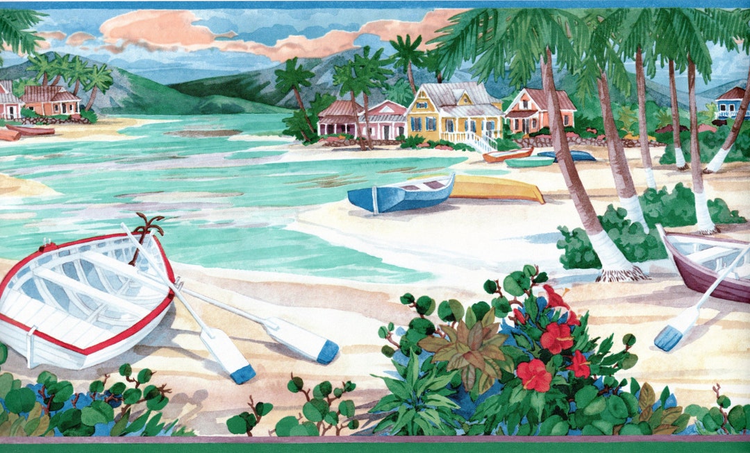 Nautical Living Wallpaper Border, Green Blue Tropical Beach Scene ...