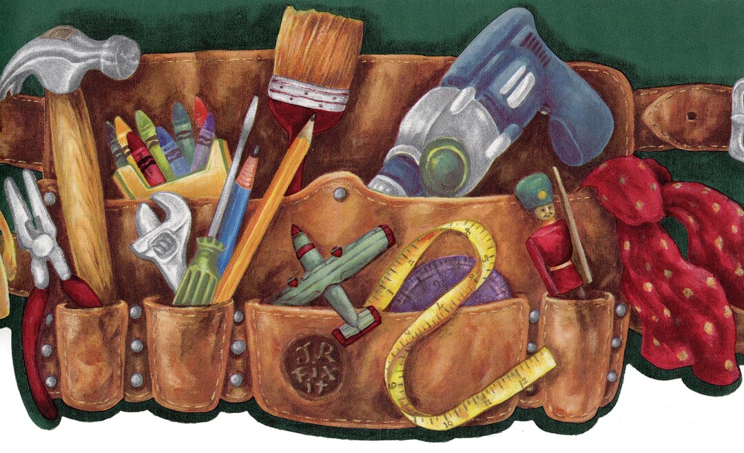 Die Cut Carpenter Tool Belt Wallpaper Border, Essential Tool Kit Brown ...
