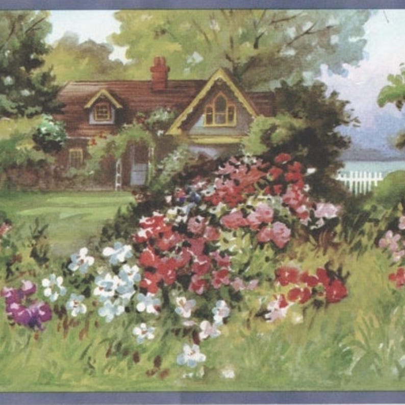 Rustic Cottage Garden Wallpaper Border, Green Landscape Scene With ...