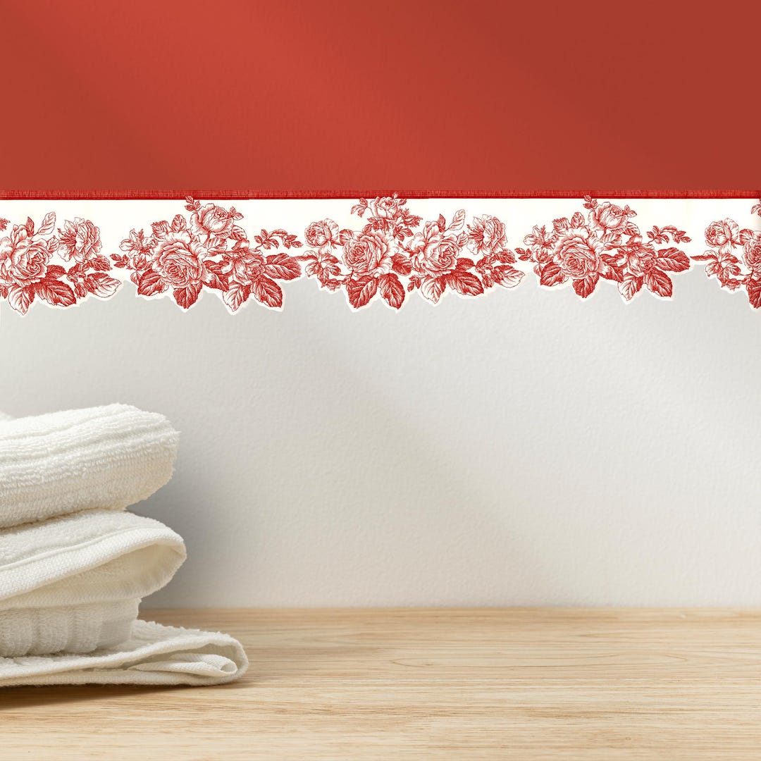 Vintage Red Rose Wallpaper Border - Scalloped Floral Design - Flower ...