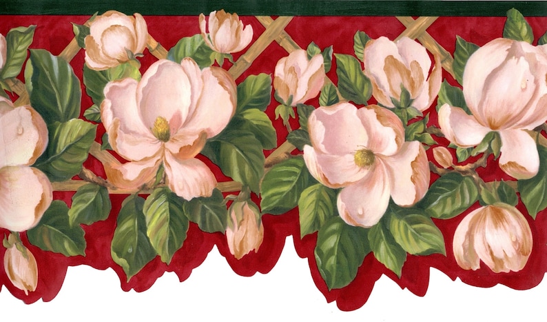 Scalloped Pink Magnolia Flower Wallpaper Border, Floral Botanical ...
