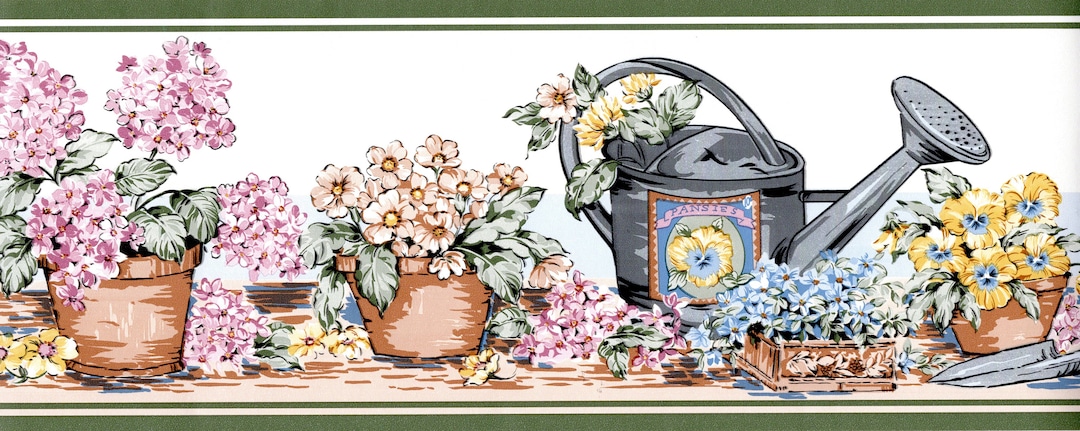 Flower Garden Wallpaper Border, Pot Watering Can, Prepasted, Strippable ...