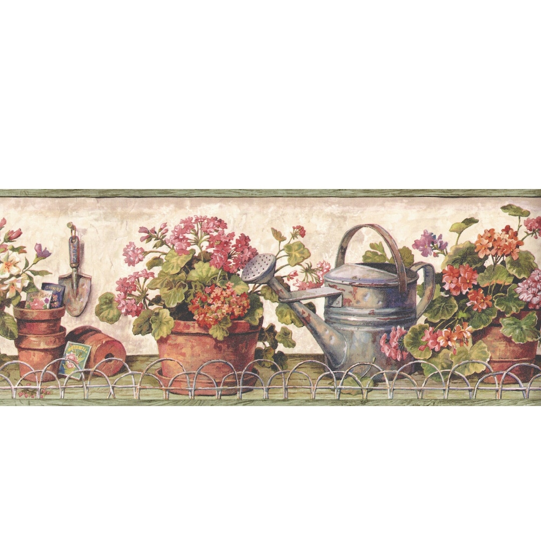 Flower Pot Garden Wallpaper Border, Flower Pots Watering Can Fence ...