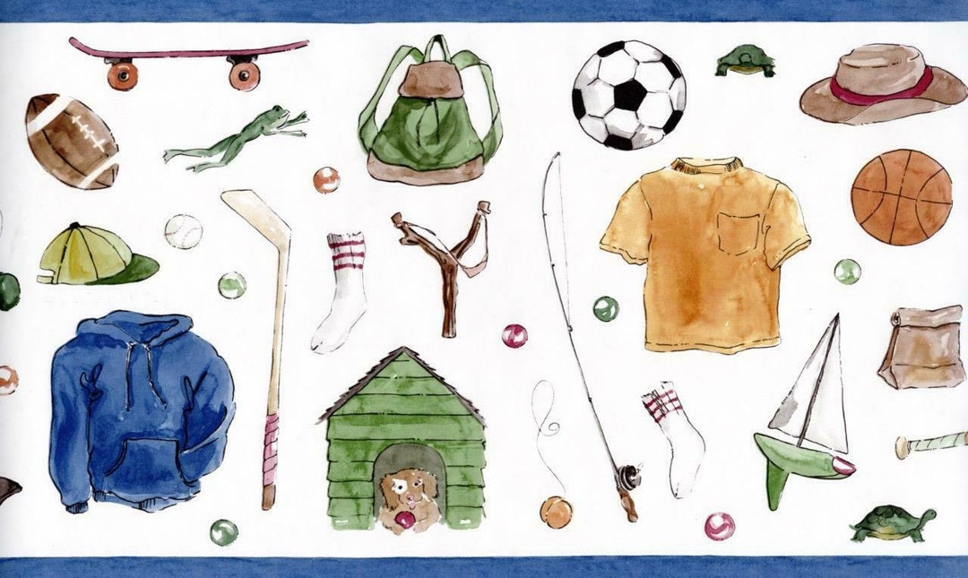 Kids Outdoor Activities Wallpaper Border, Basketball Football Baseball ...