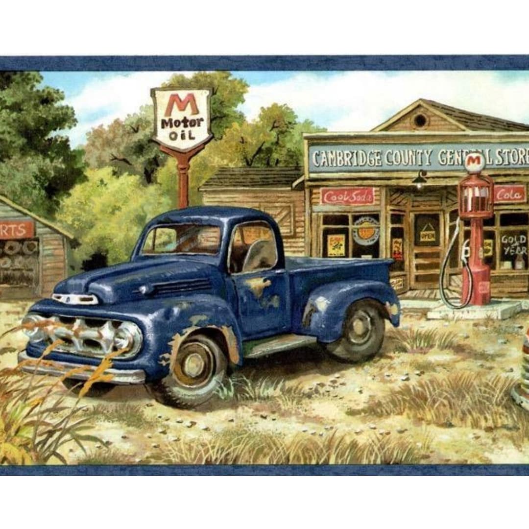 Vintage Pick-up Truck Wallpaper Border, Rustic Farmhouse Gas Station ...