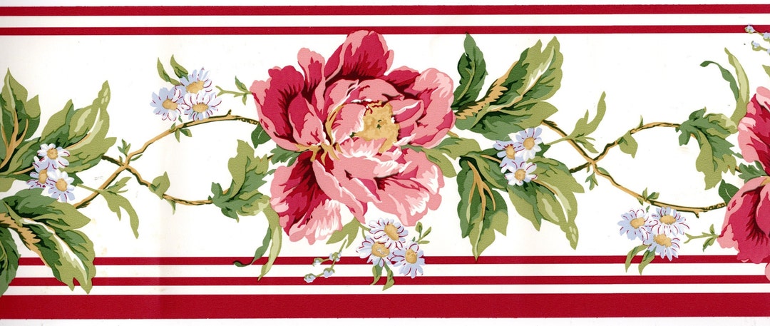 Waverly Flower Wallpaper Border, Pink Red Flower Bouquet Wallpaper ...