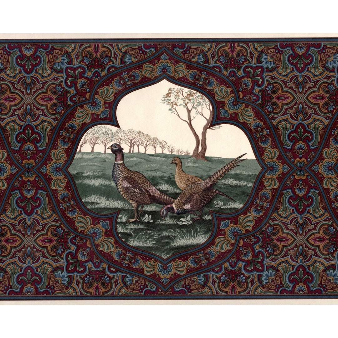 Vintage Paisley With Pheasants Scroll Motif Wallpaper Border | Dark ...