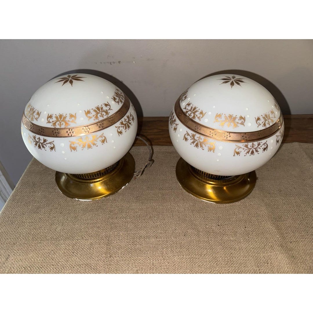 Vintage 2 Vianne Glass Ball Gold Trim Shade Globe Made in France 6" W ...
