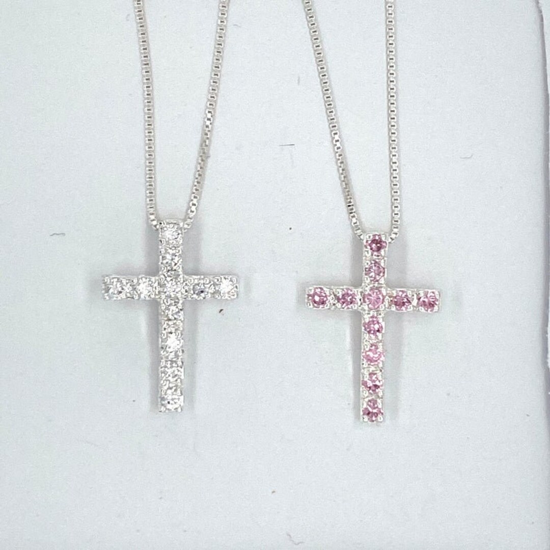 Sterling Silver Pink Diamond White Diamond Cross Pendant Necklace | 925 ...